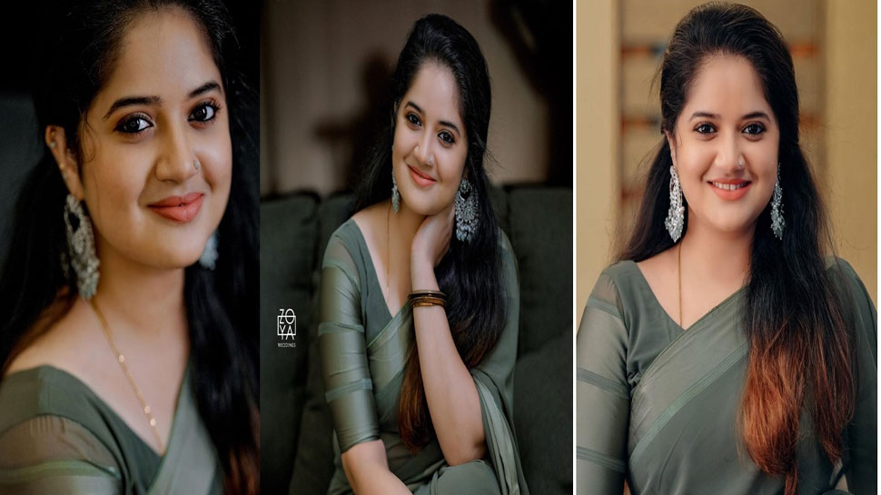 Actress Shafna Nizam photoshoot in green saree goes viral on social ...