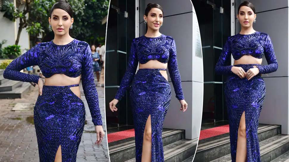 Nora Fatehi In Hot Metallic Blue Gown With Sexy Mid Cut See Glamorous Photos Nora Fatehi Nora