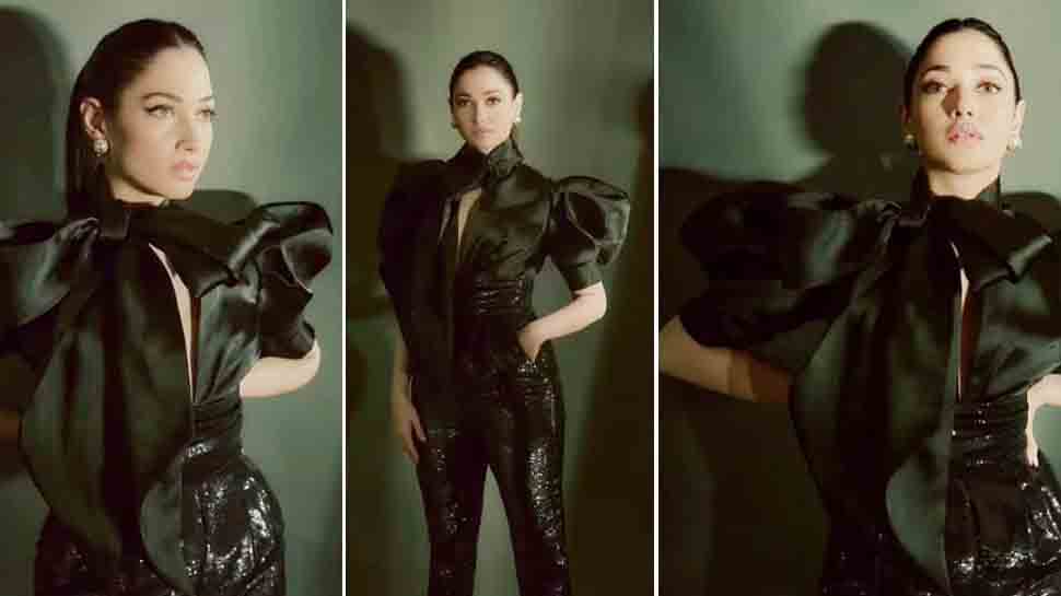 Tamannaah Bhatia Sets Her Hotness in Black Satin Top and Shimmery Pant ...