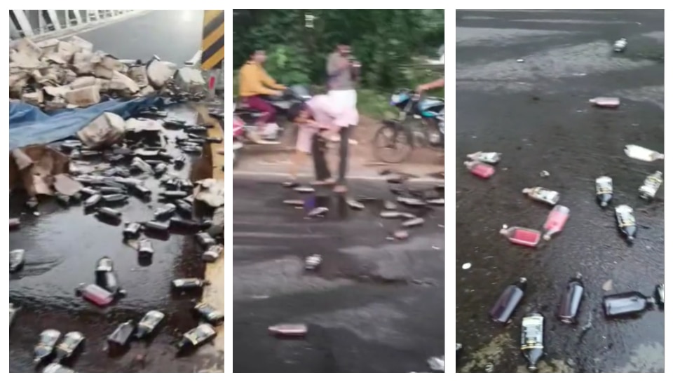 Liquor lorry accident at Feroke: Video of people collecting liquor ...