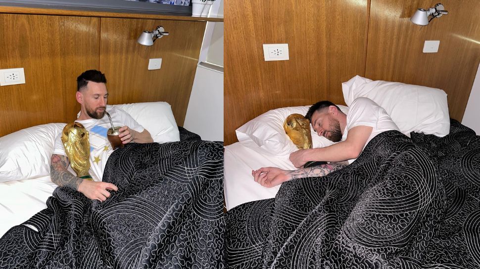 Lionel Messie sleeping and drinking with World Cup pictures showing the ...