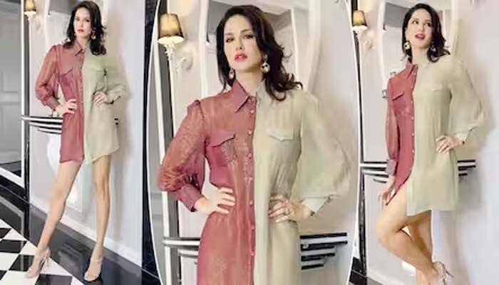 Sexy Sunny Leone in Colour Block Shimmer Shirt, see hot pics | Sunny ...