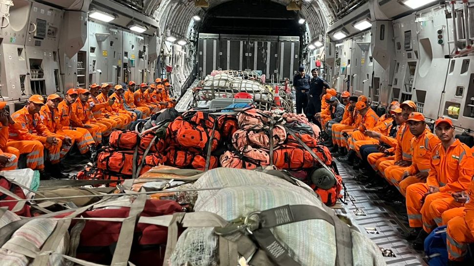 Indian rescue team IAF plane with rescue team and relief materials ...